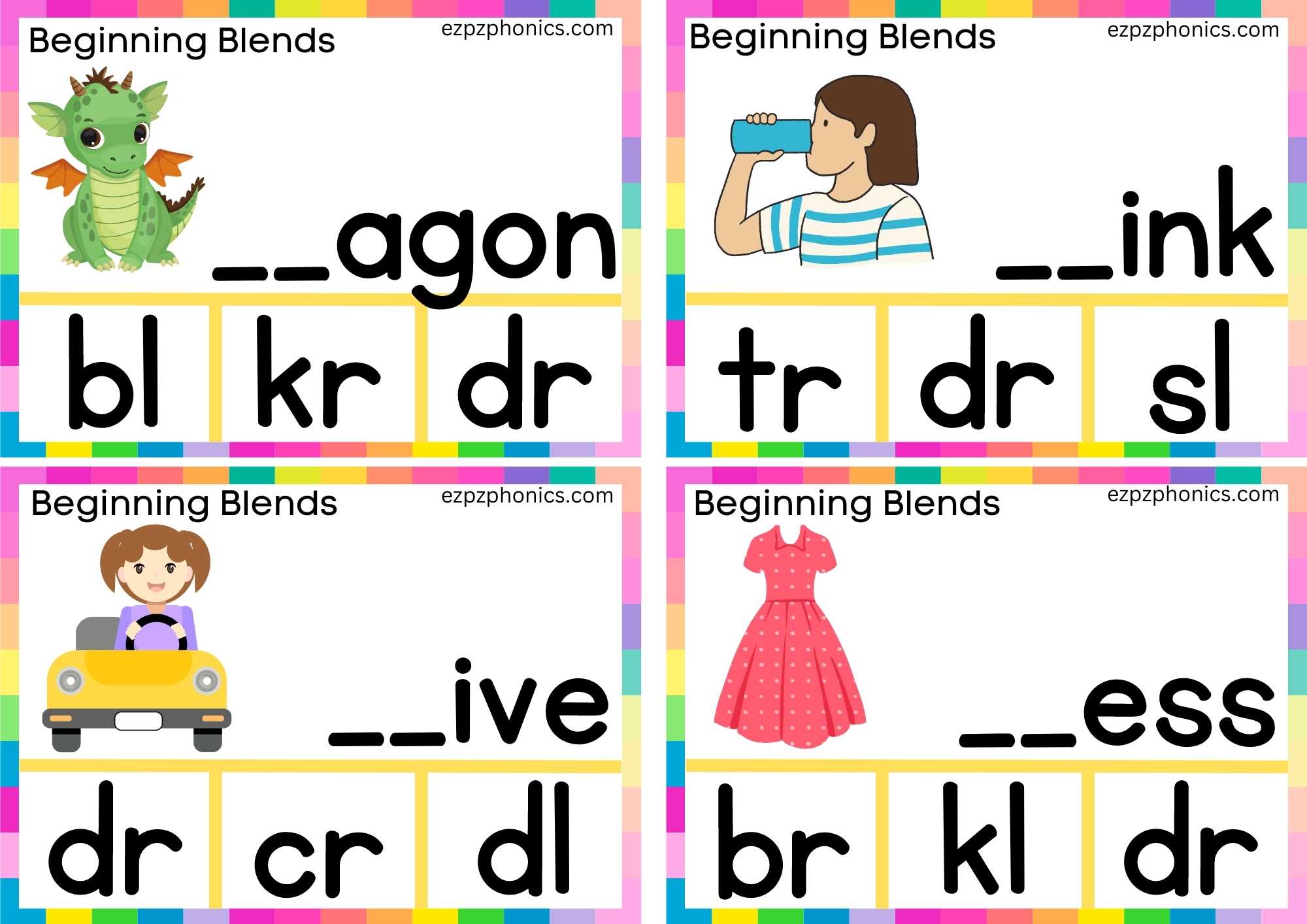 DR Beginning Blends Clip Cards Finish The Words And Clip The Correct Letters Set 1 - ezpzphonics.com